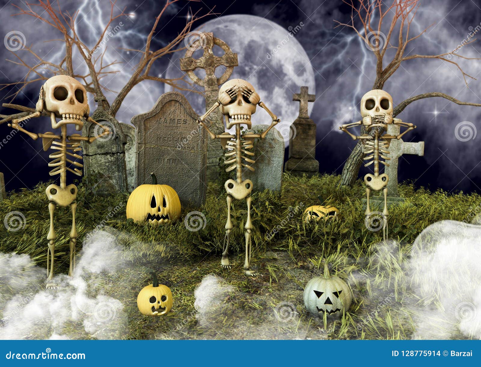 Three Skeletons Pose As Three Wise Monkey. Cartoon Vector ...