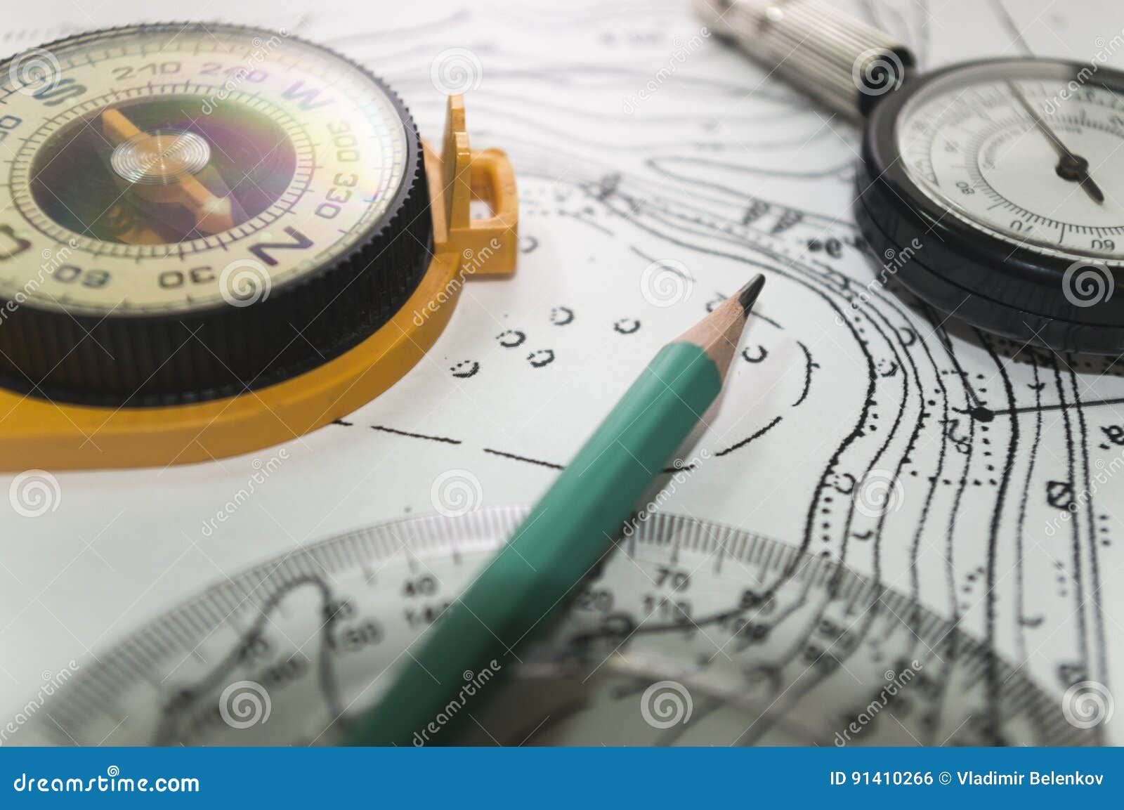 Background Topography Pencil An Old Compass And Map Stock Photography ...