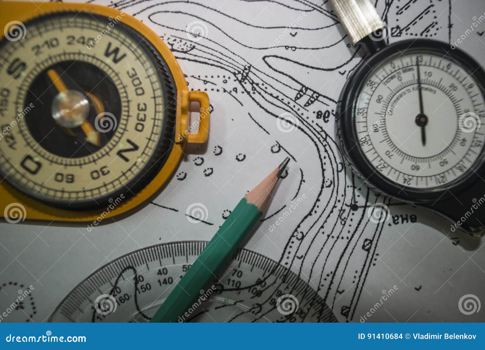 Background Topography Pencil An Old Compass And Map Stock Photography ...
