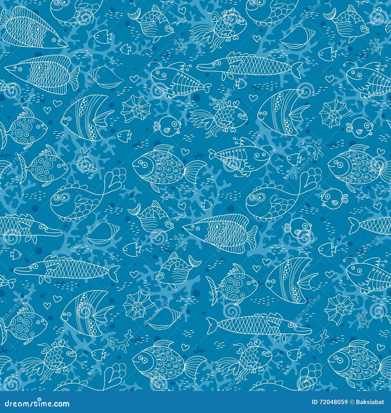 Background of Underwater World. Seamless Pattern with Cute Fish, Shells ...