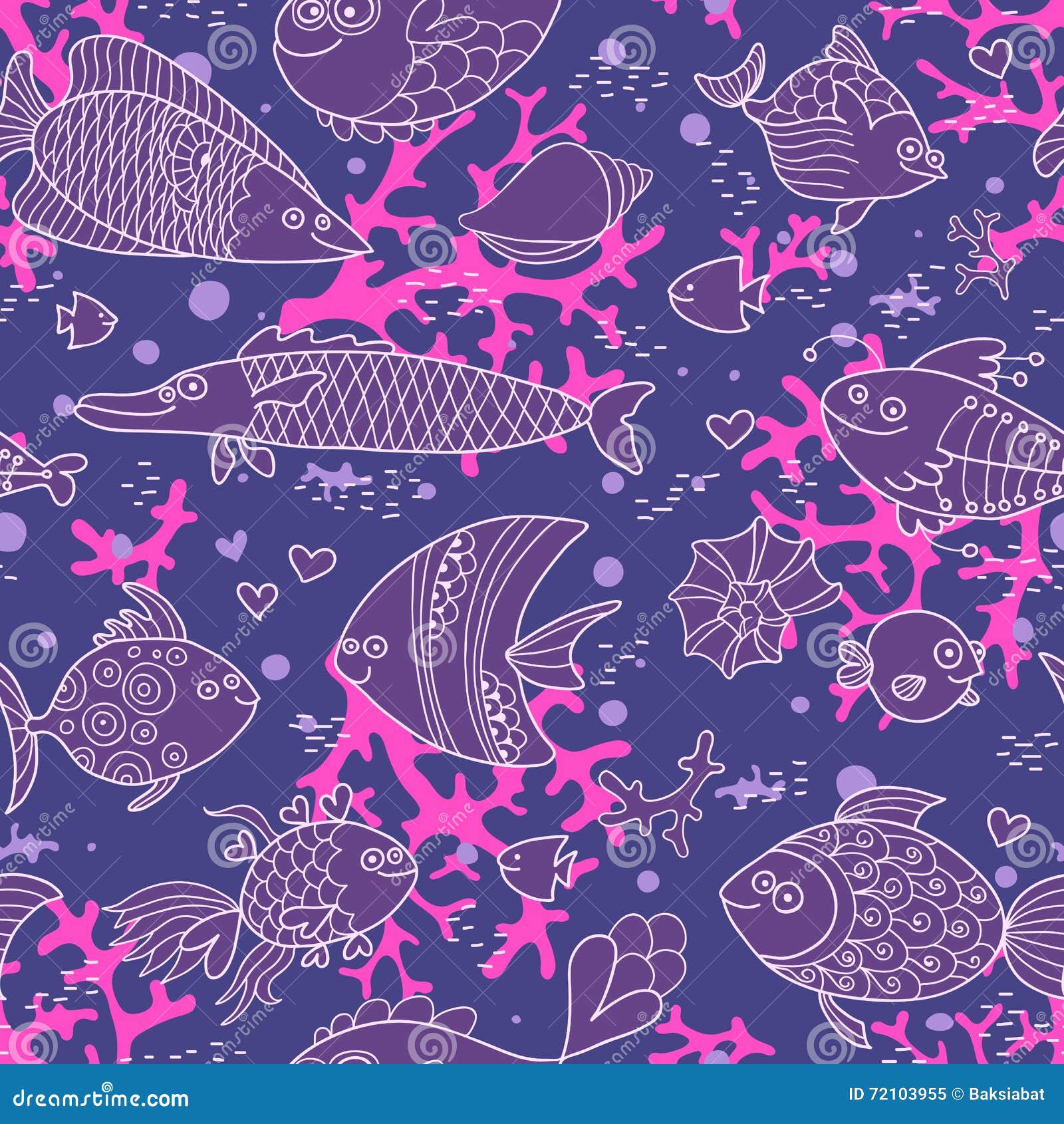 Background of Underwater World. Seamless Pattern with Cute Fish, Shells ...