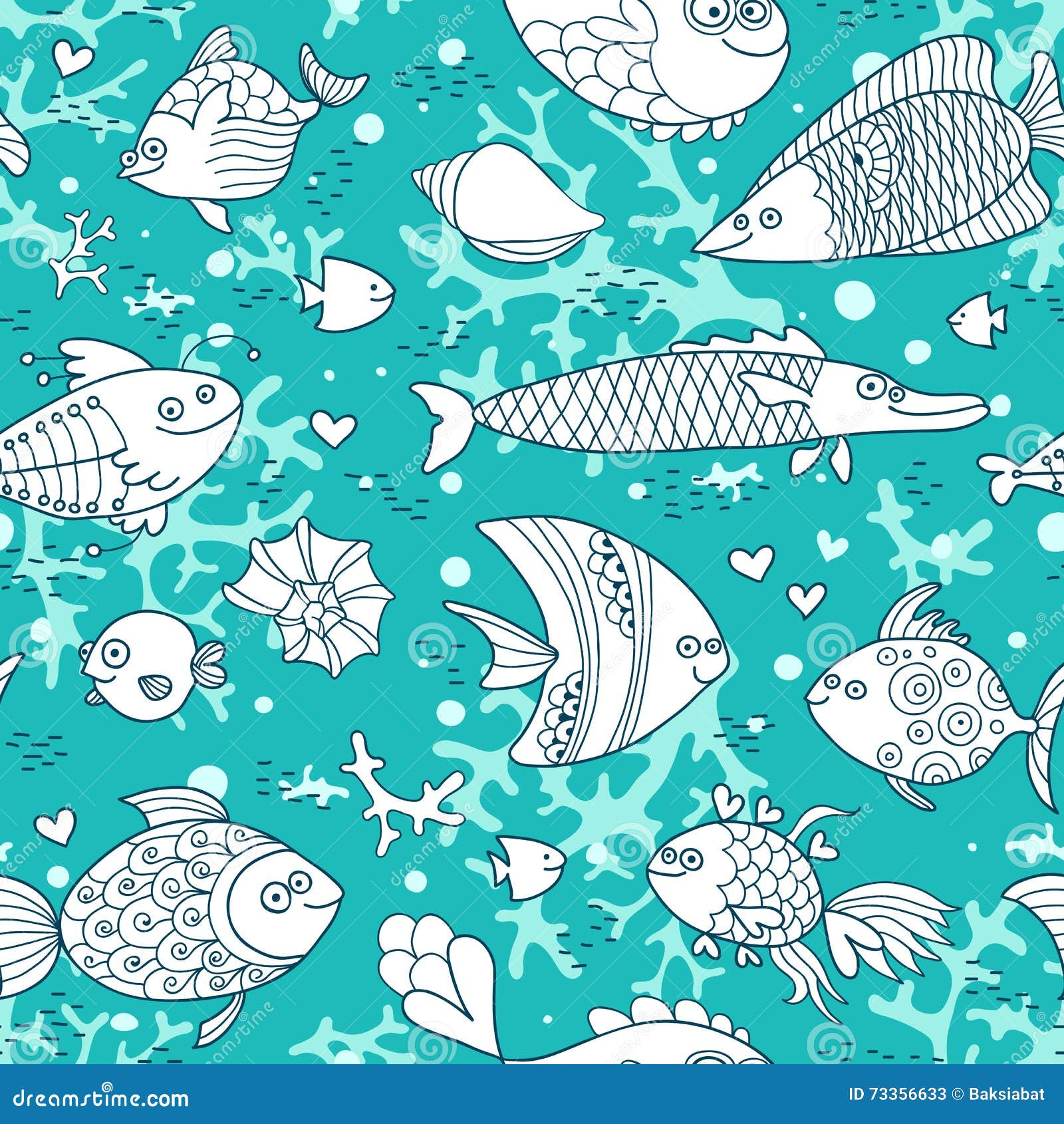Background Underwater World. Seamless Pattern with Cute Fish, Shells ...
