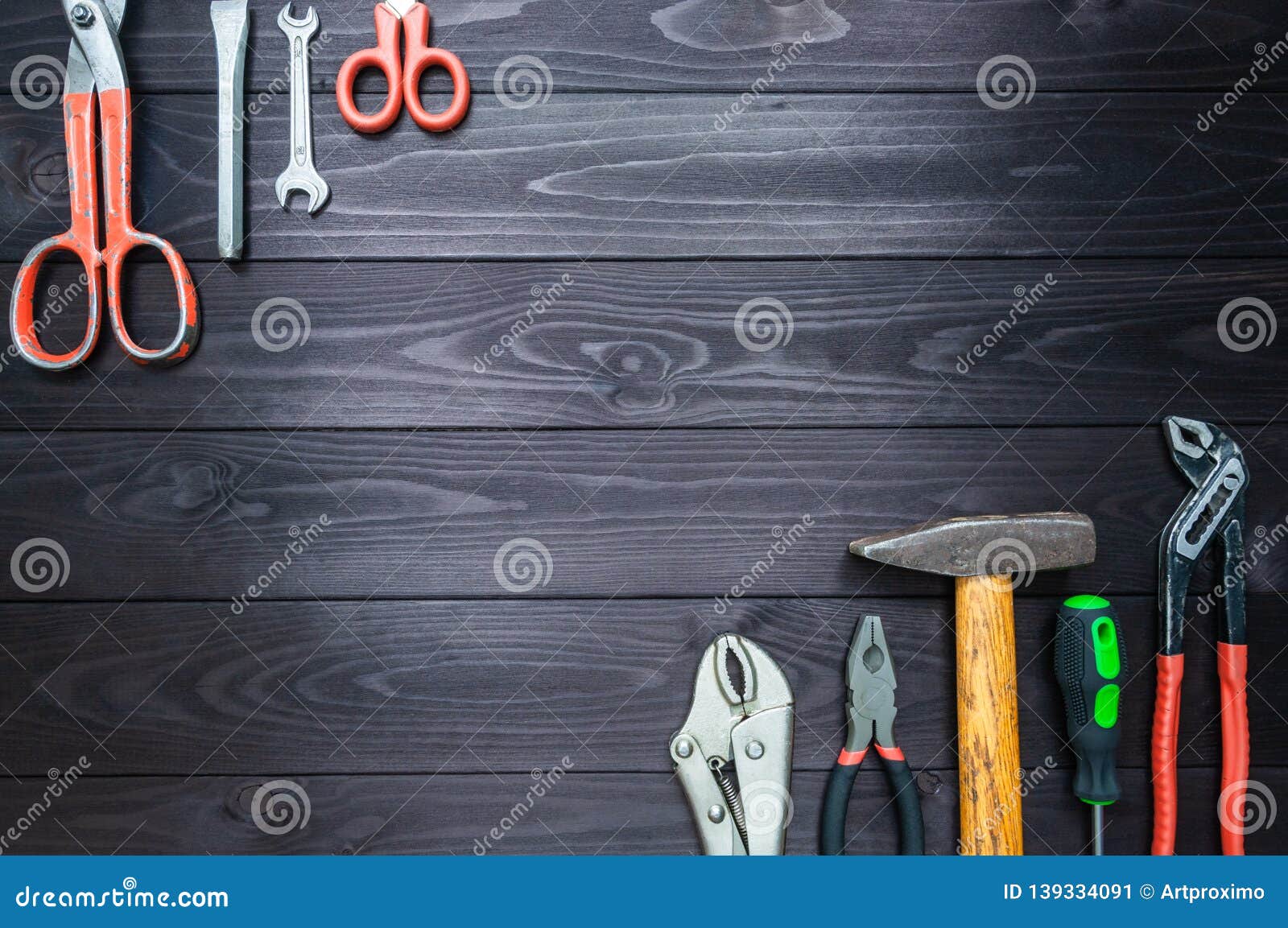 Background from Various Tools on Wooden Workbench. Top View.copy Space ...