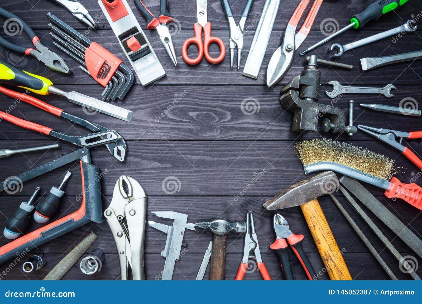 Background from Various Tools on Wooden Workbench. Top View.copy Space ...