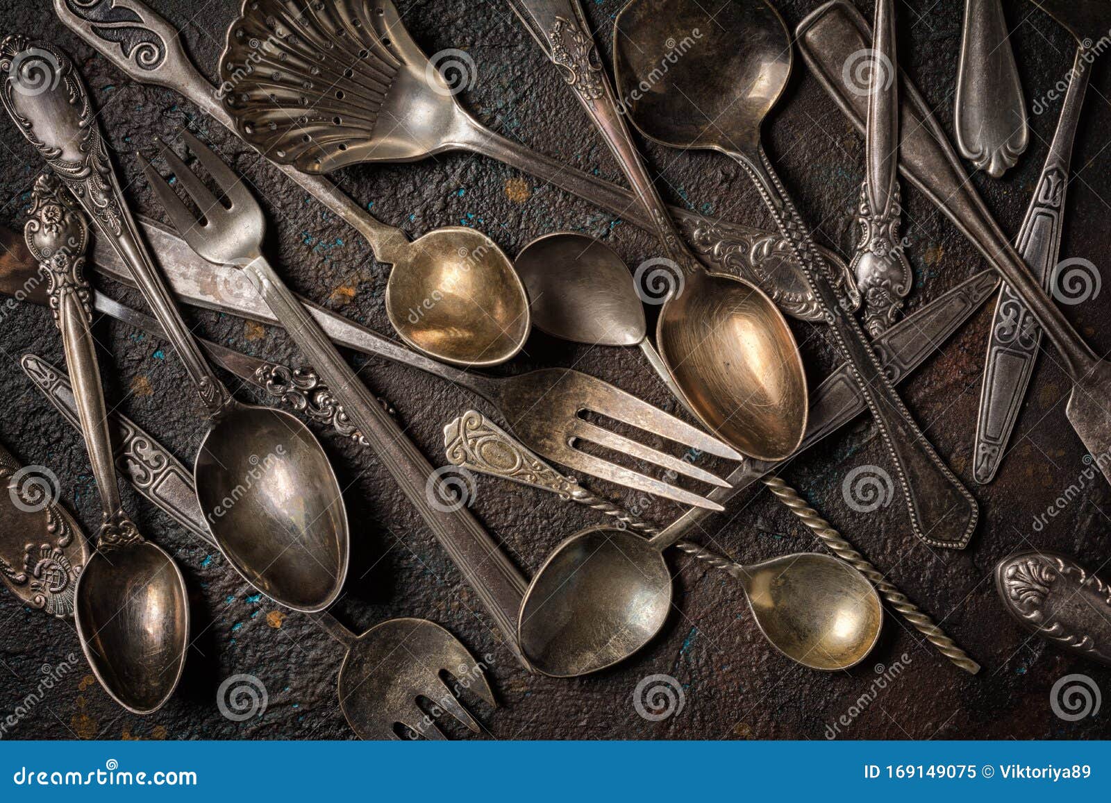 Background of Vintage Silver Cutlery Stock Image - Image of dessert ...