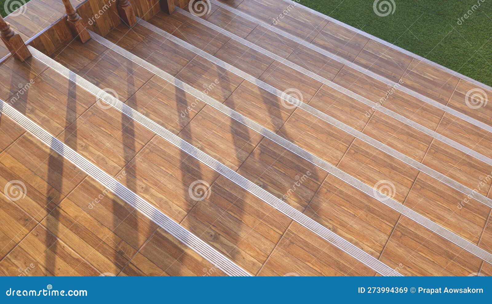 Background of Vintage Wooden Tile Steps and Artificial Grass Floor with ...