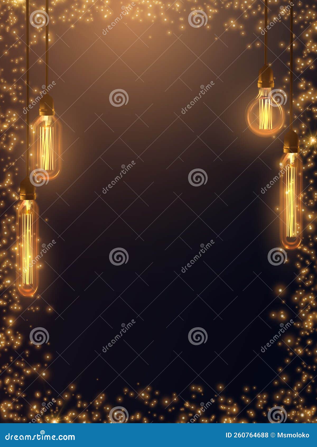 Background with Warm Light Edison Light Bulbs and Golden Glitter. Stock ...