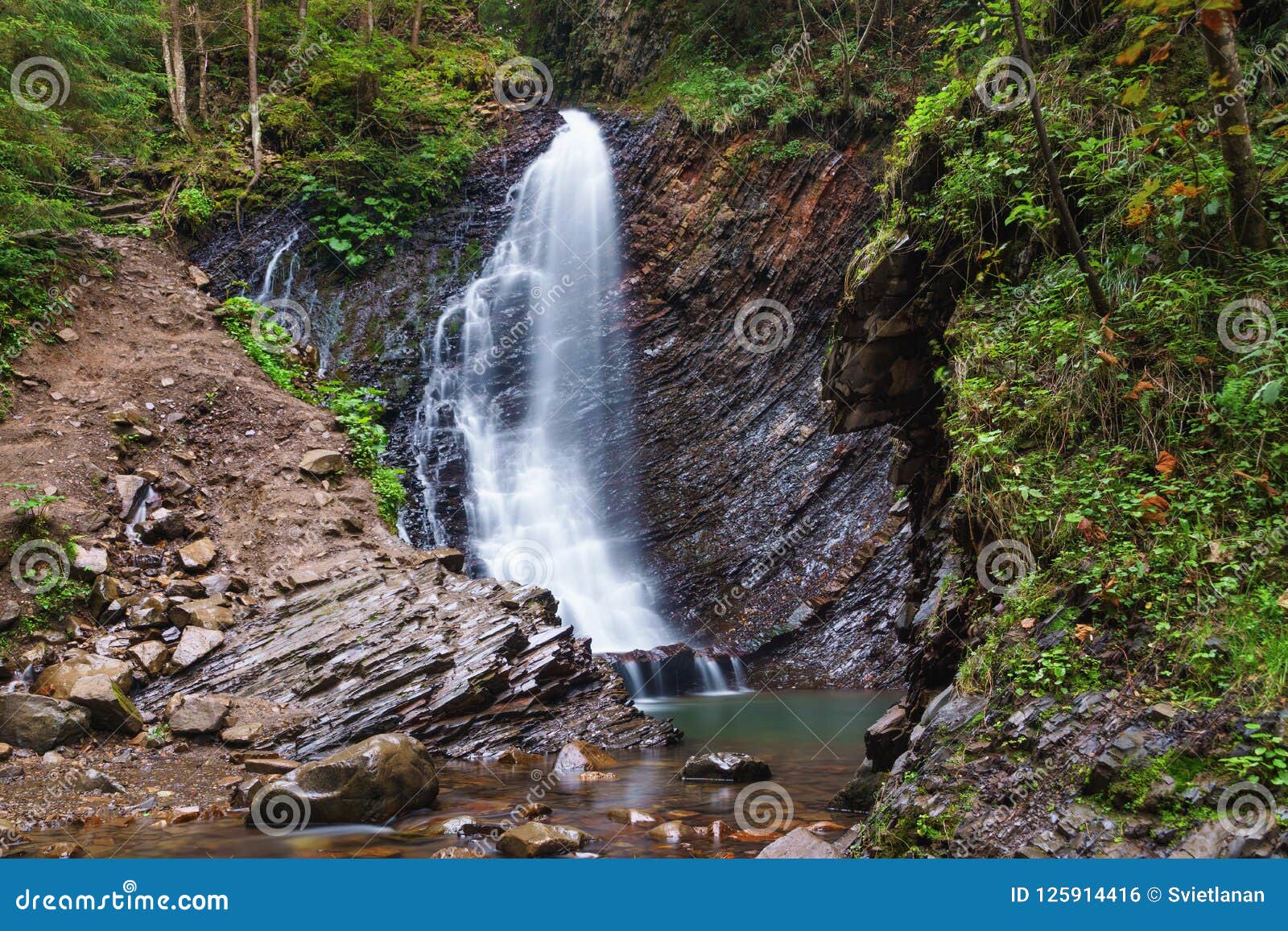 Waterfall in Mountains with Forest. Stock Photo - Image of background ...
