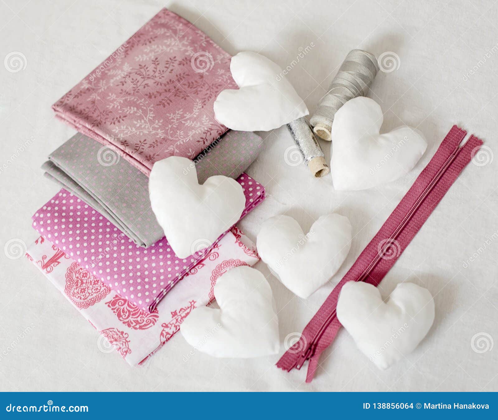 Background of White Handmade Textile Hearts and Sewing Tools and ...