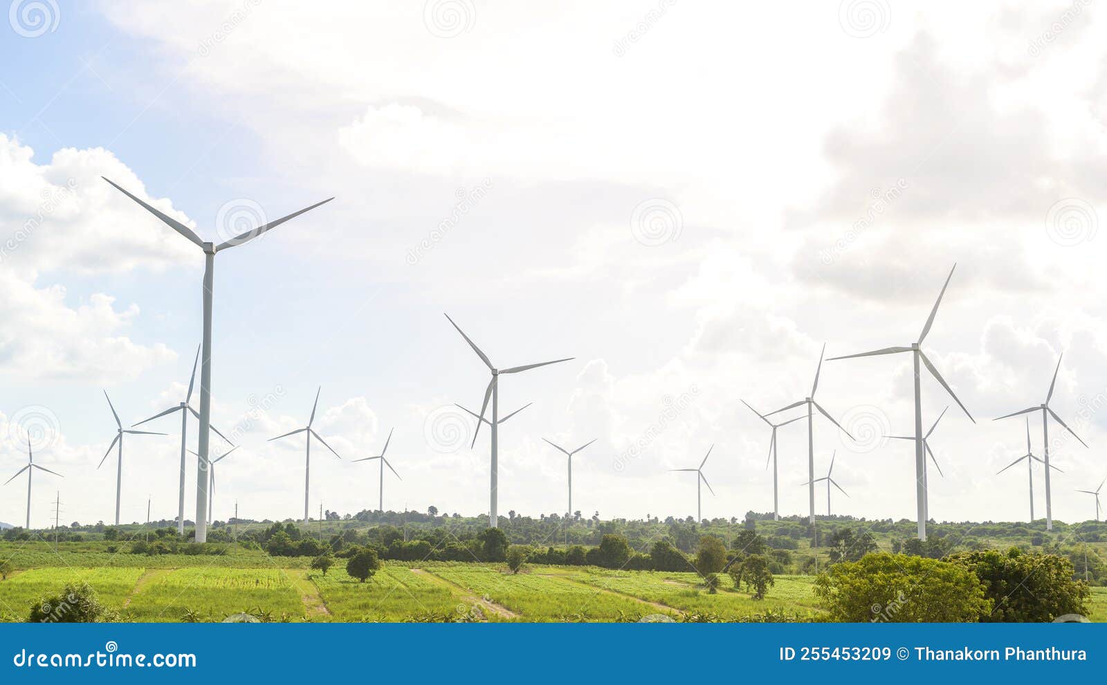Background of Wind Turbines Fields Over Blue Sky , Ecological ...