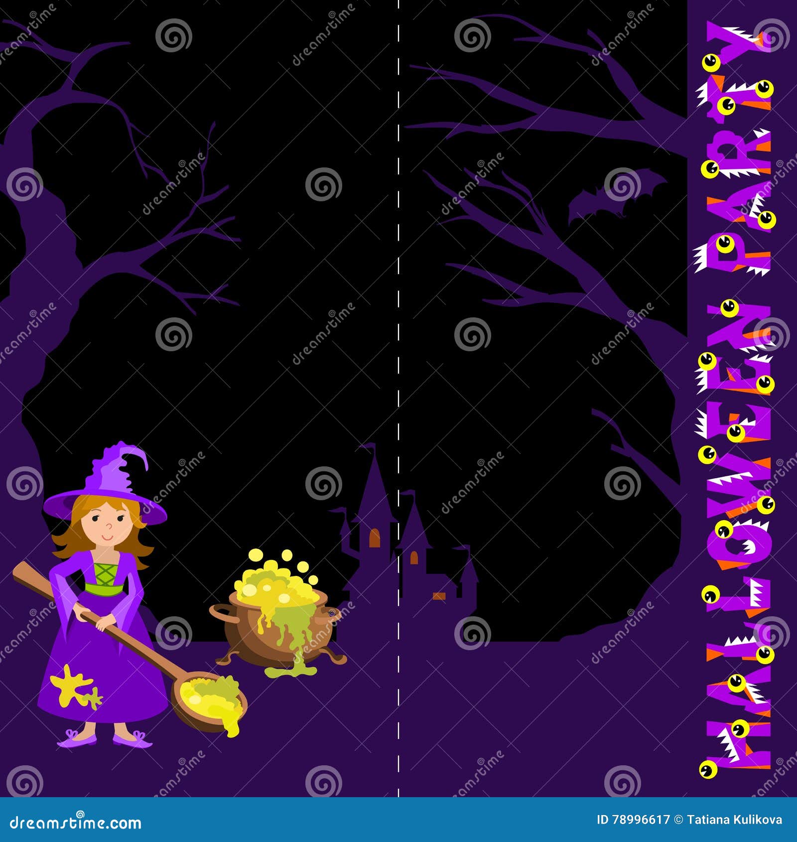 Background with Witch Spoon and Magic Pot, Castle, Bat, the Text ...