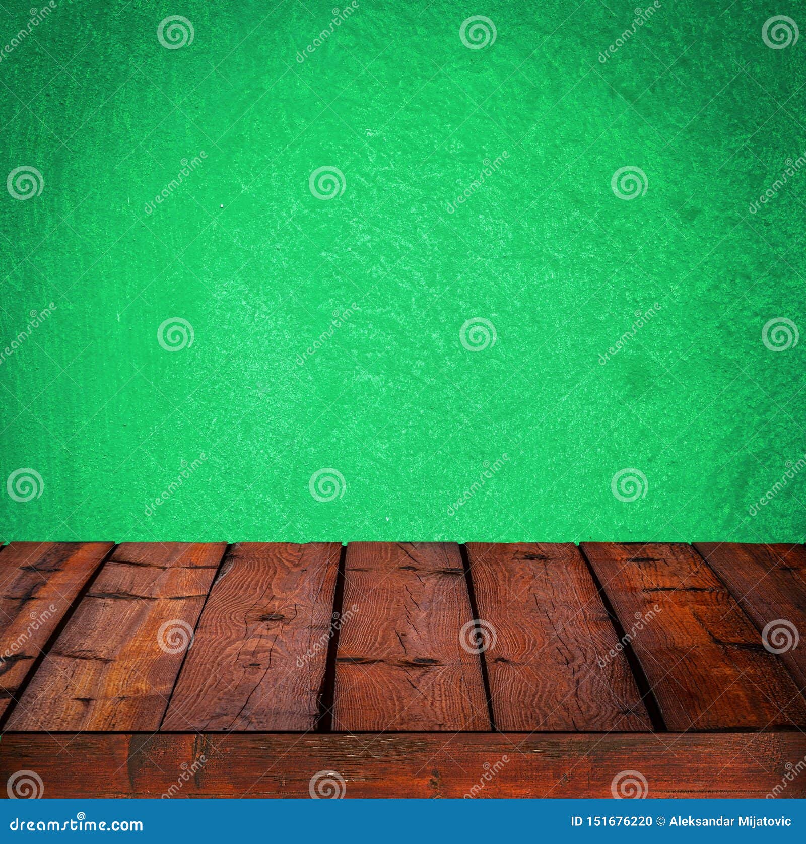 Background with Wooden Table and Grunge Green Wall Stock Photo - Image ...