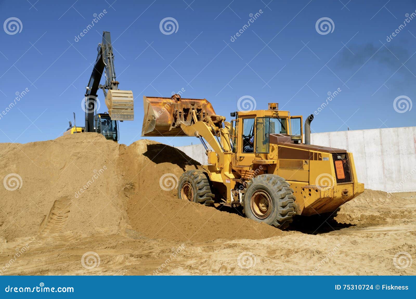 Backhoe and Front End Loader Moving Sand Stock Photo - Image of scoop ...