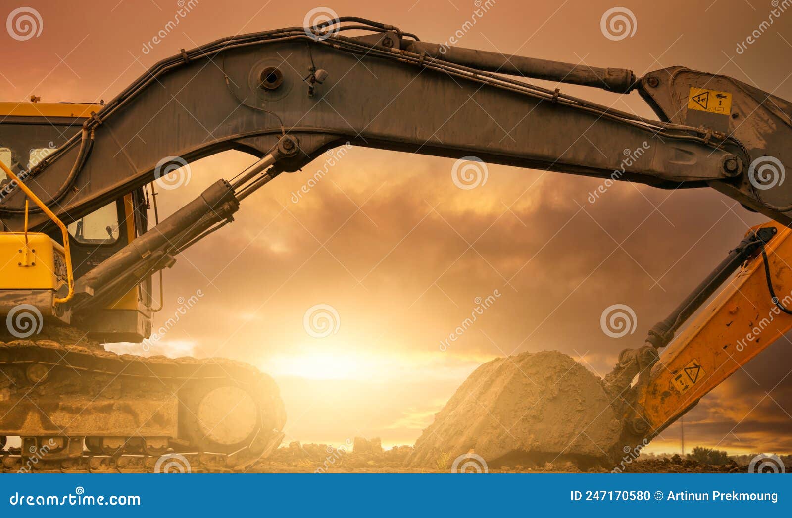 Backhoe Parked At Construction Site After Digging Soil. Bulldozer On ...