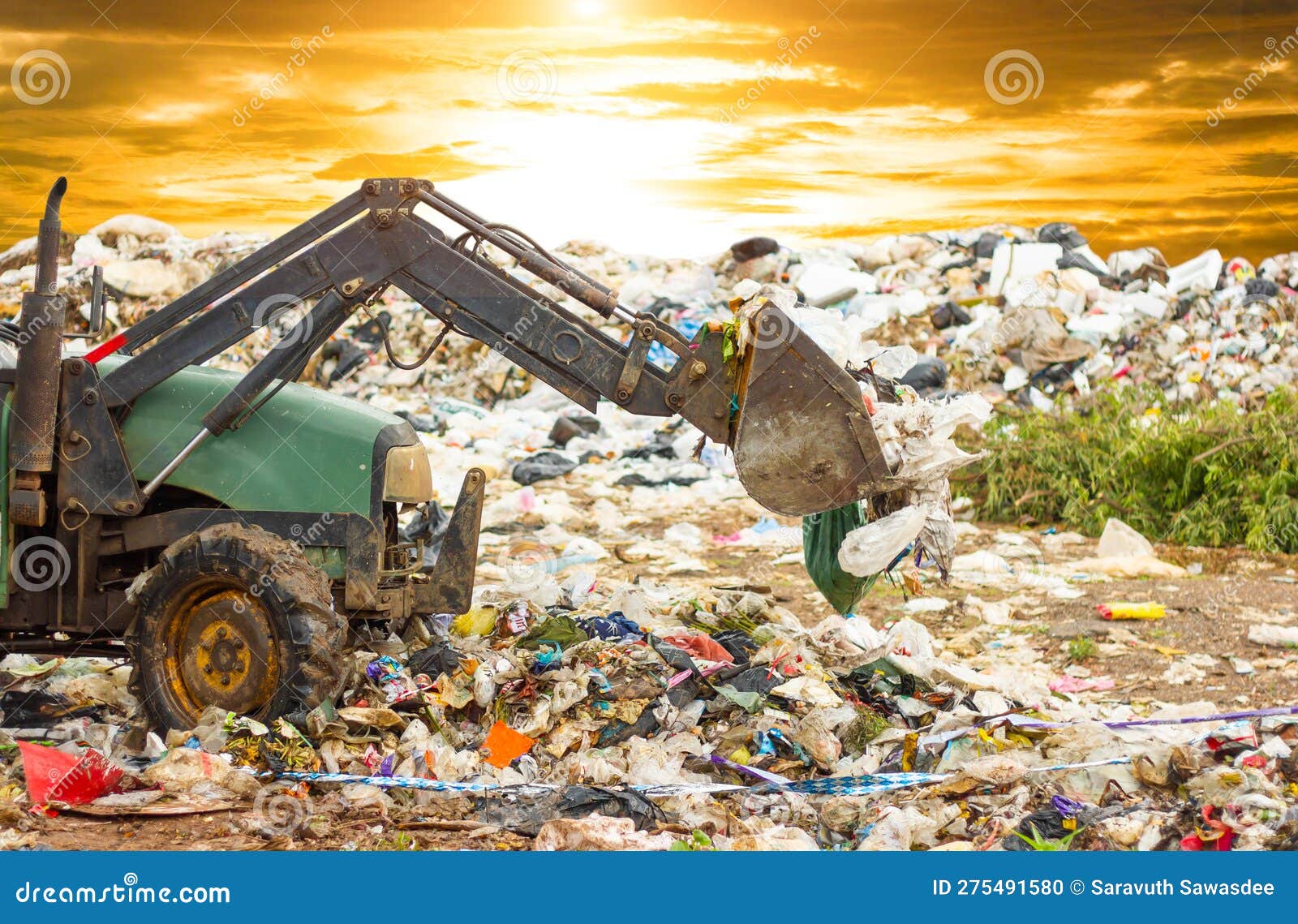 Backhoe Plow in Garbage Dump and Sunset Stock Photo - Image of landfill ...