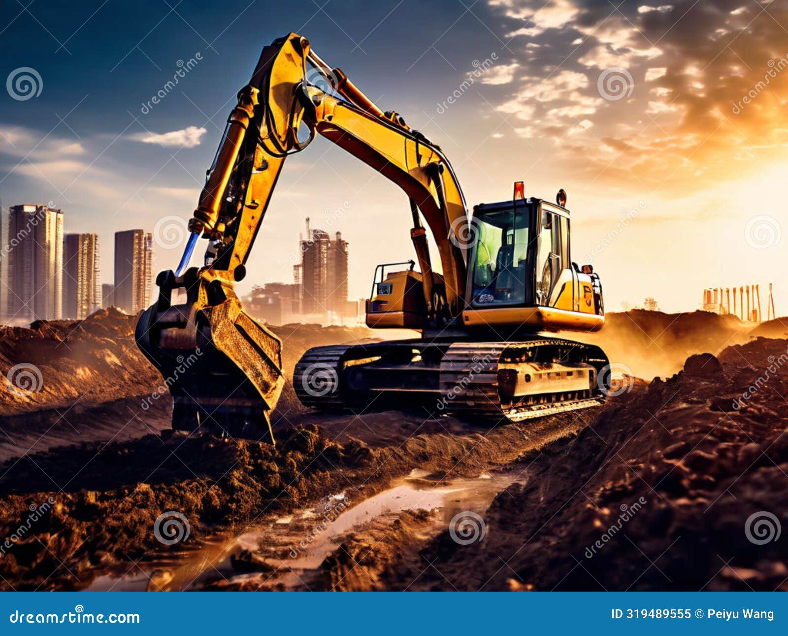 Backhoe Working by Digging Soil at Construction Site. Crawler Excavator ...