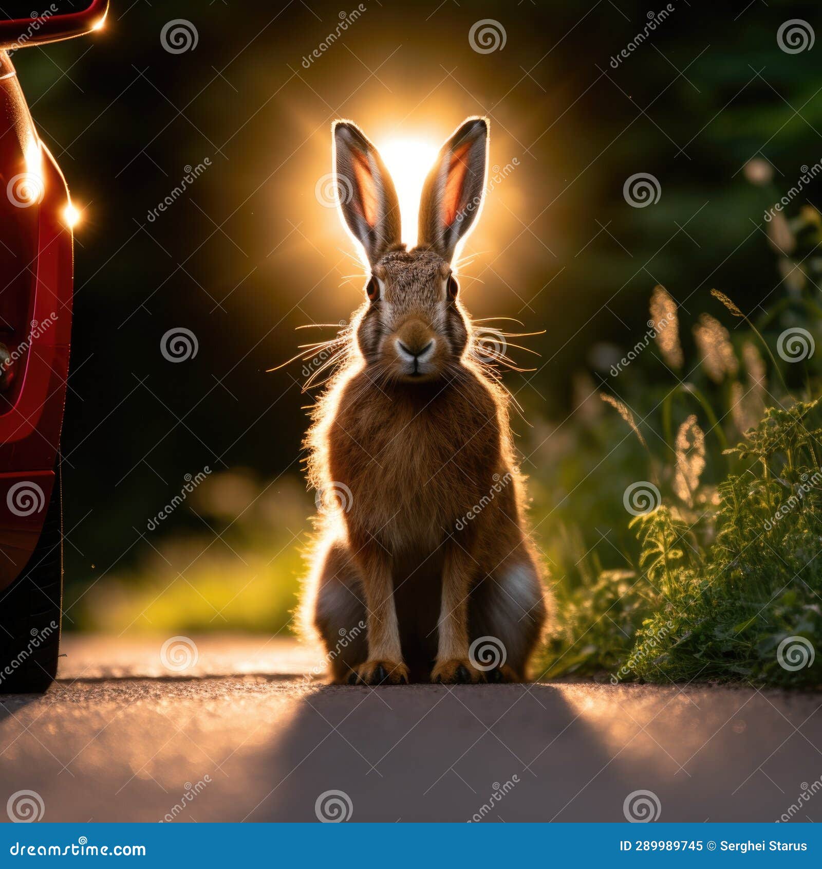 A Backlighted Rabbit Sitting in Front of a Car, AI Stock Illustration ...