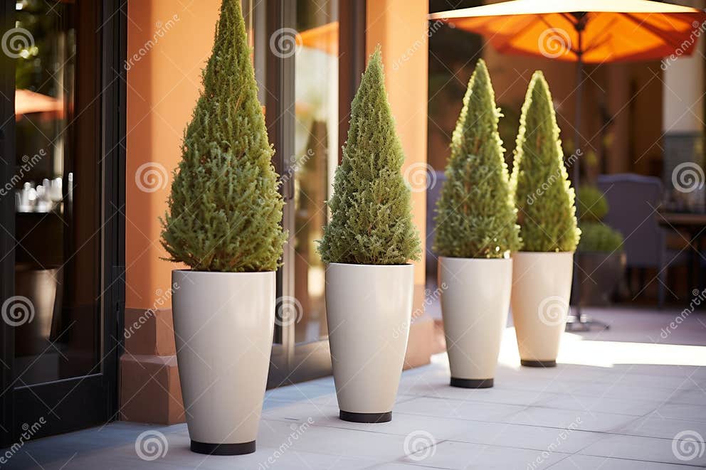 Backlit Artificial Cone Topiaries in Tall Planters in a Row Stock Photo ...