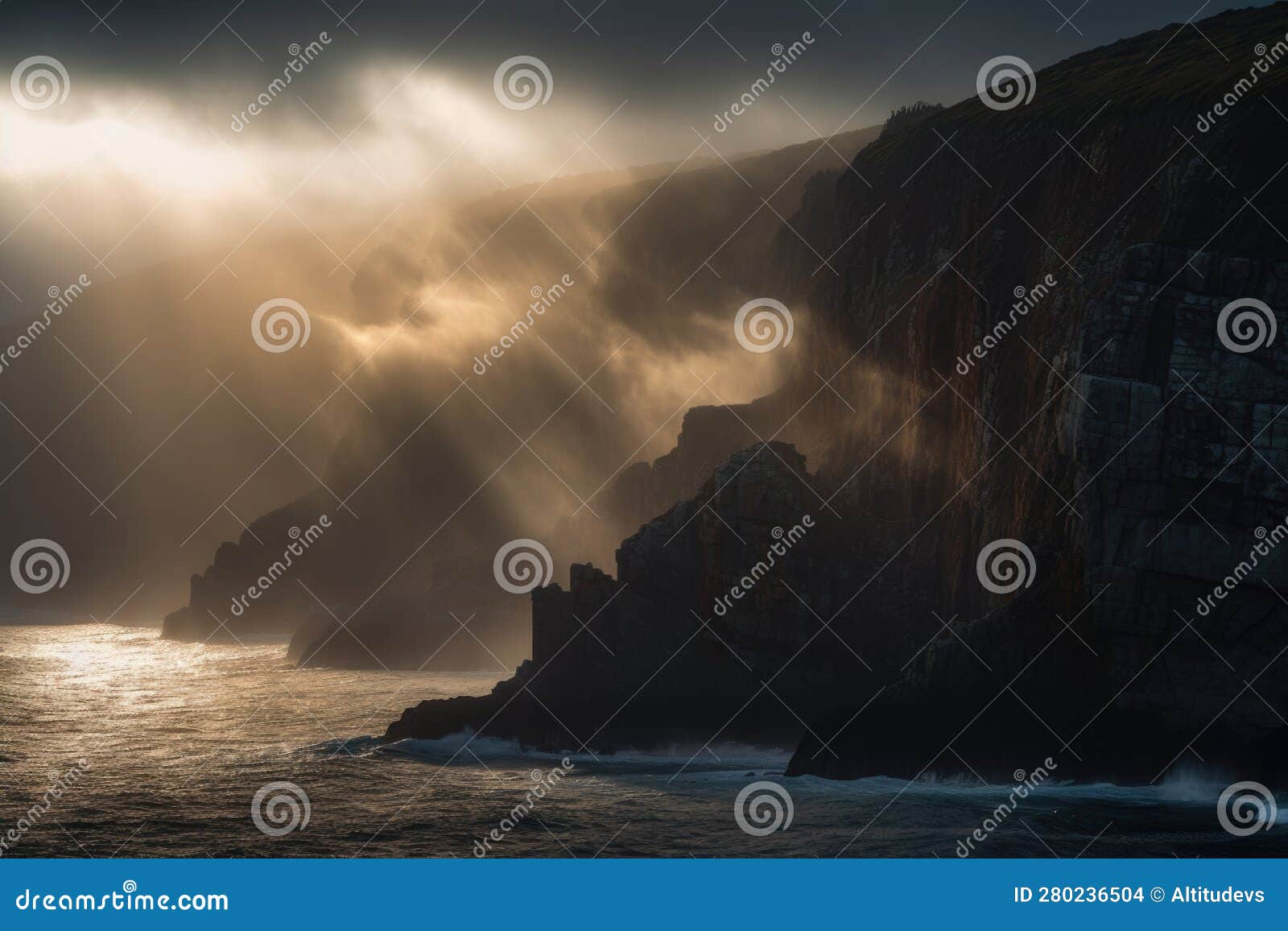 Backlit Coastal Cliffs with Streaks of Sunlight and Clouds Stock Photo ...