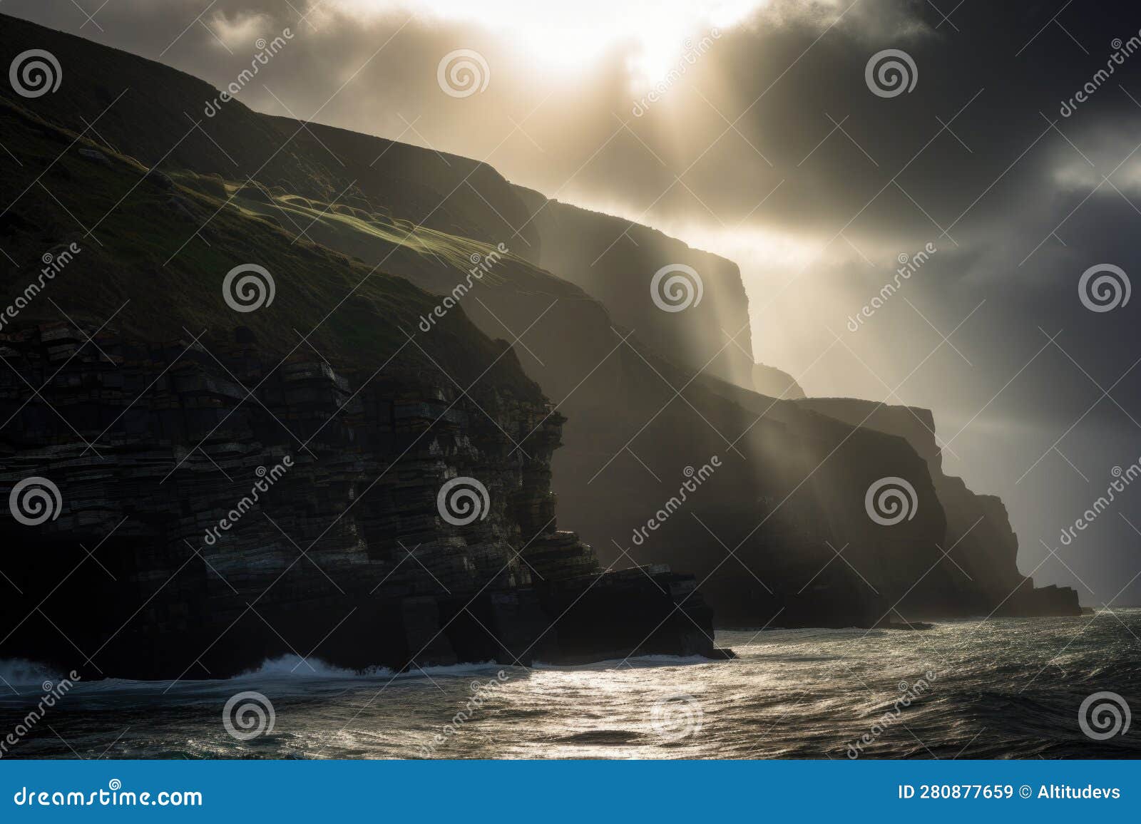 Backlit Coastal Cliffs with Streaks of Sunlight and Clouds Stock Image ...