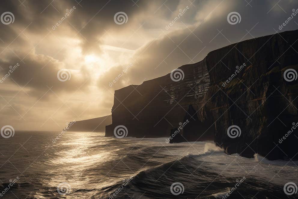 Backlit Coastal Cliffs with Streaks of Sunlight and Clouds Stock ...