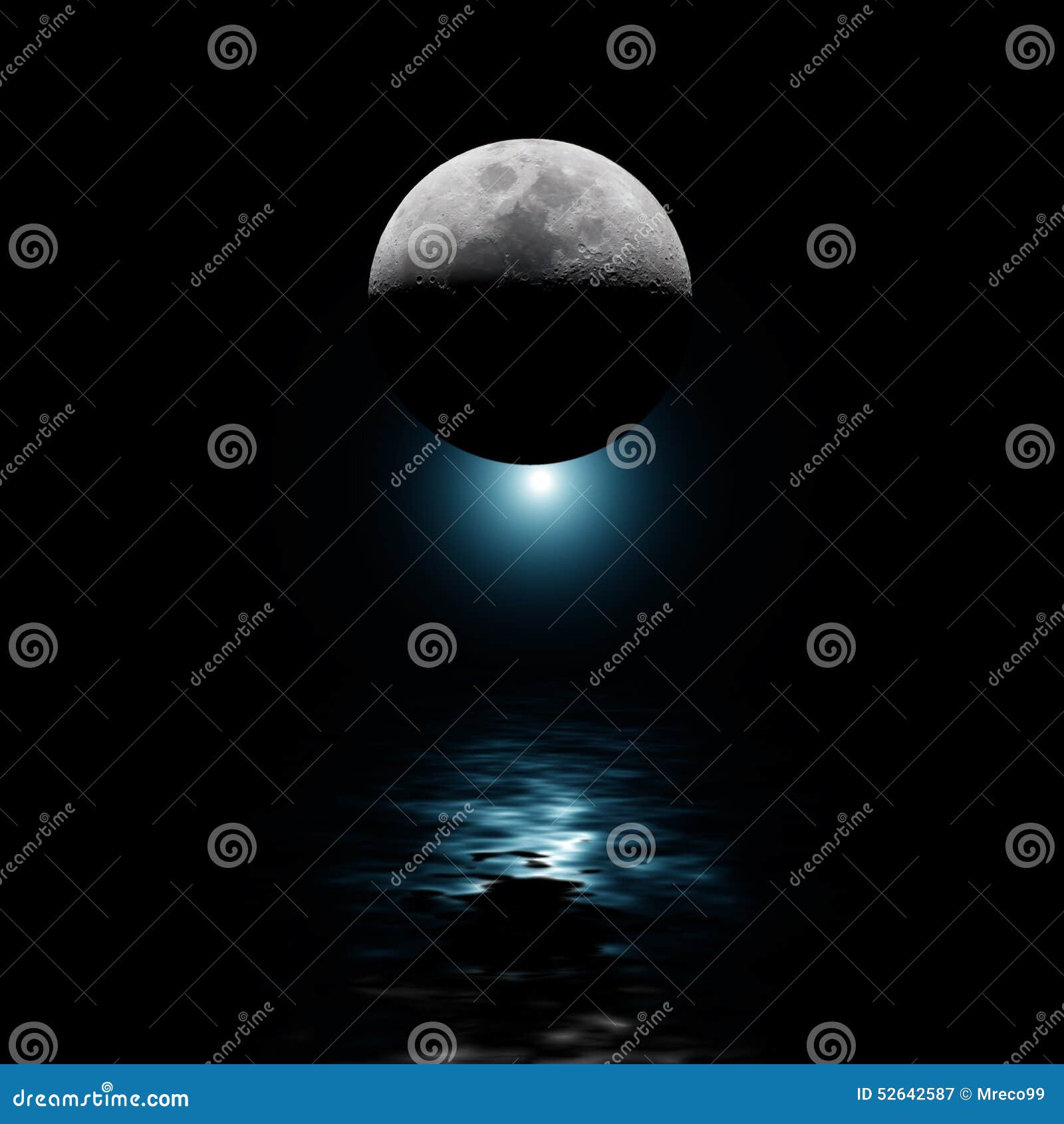 Backlit Moon and Blue Star Over Water Stock Illustration - Illustration ...