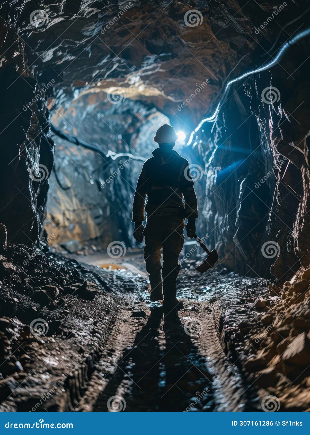 Backlit Silhouette of a Miner Standing in a Mine with a Shovel Over the ...