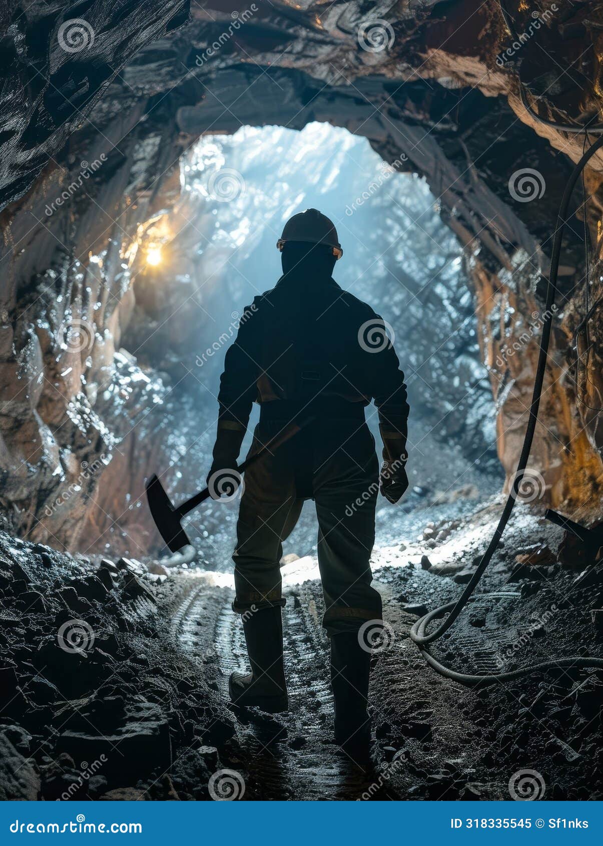 Backlit Silhouette of a Miner Standing in a Mine with a Shovel Over the ...