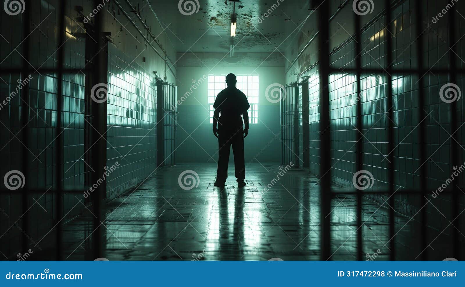 Backlit Silhouette of a Person at the End of a Gloomy, Eerie Corridor ...