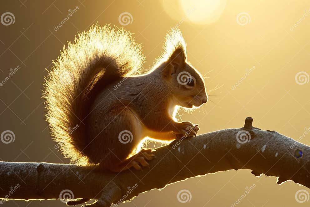 Backlit Squirrel on Limb with Hazelnut in Evening Stock Photo - Image of wildlife, squirrel ...