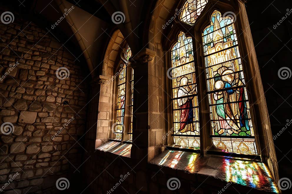 Backlit Stained Glass in Castle Windows Stock Image - Image of pattern ...