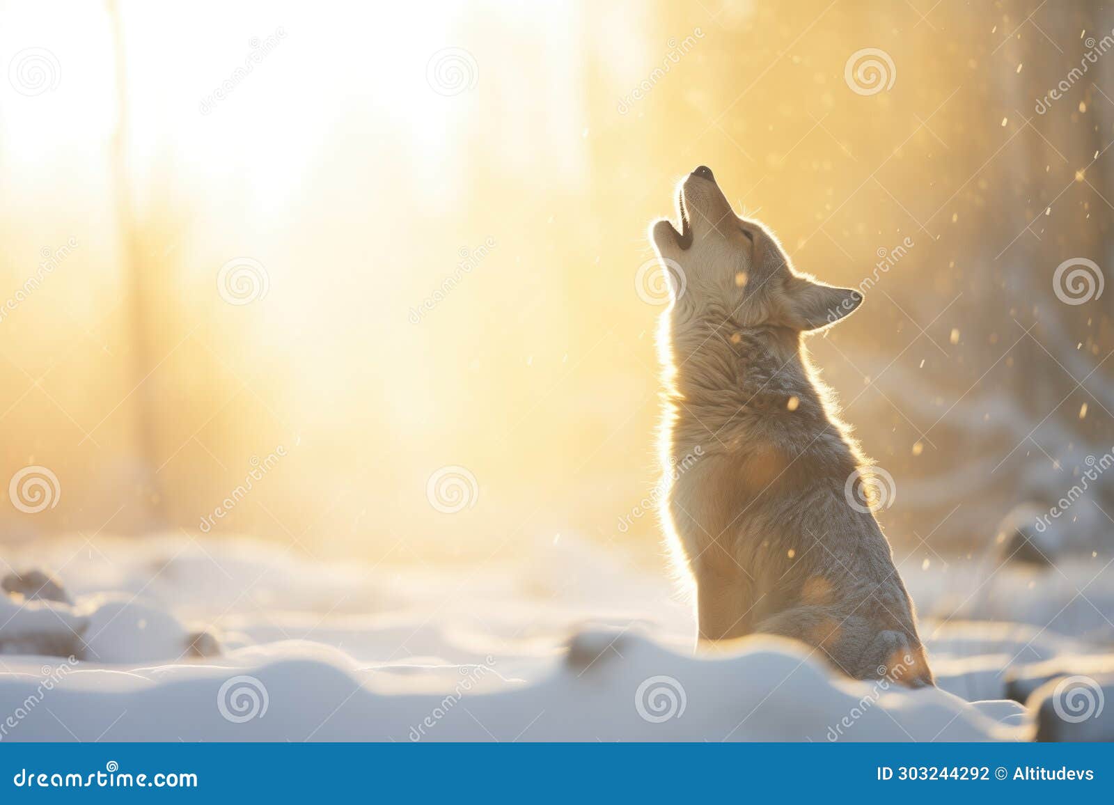 Backlit Wolf Howling on a Wintry Morning, Sunrays through Mist Stock ...