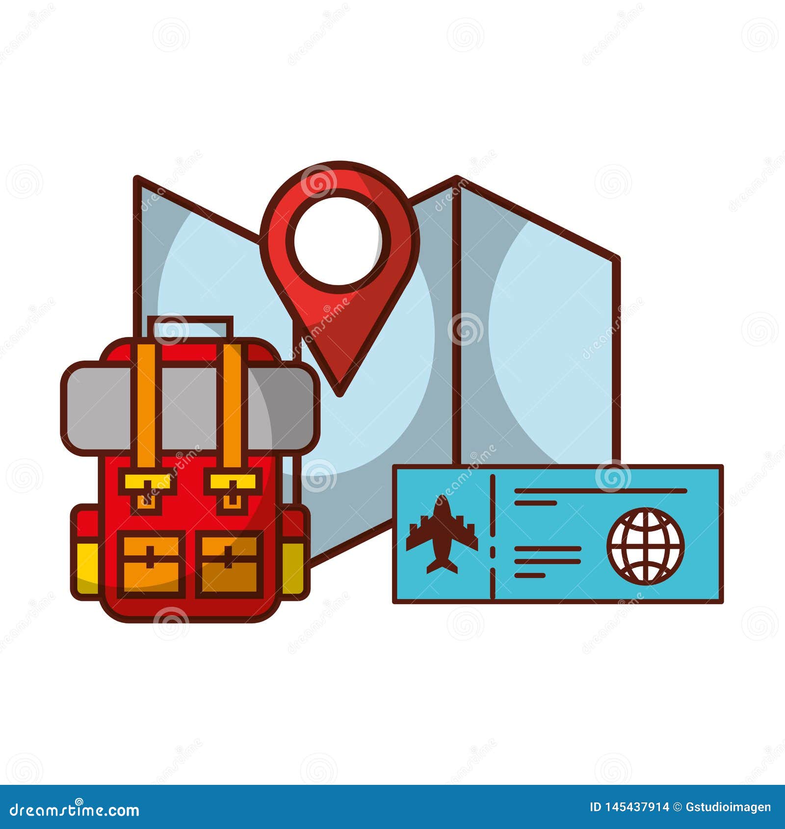 Backpack and Air Ticket Location Map Travel Vacations Stock Vector ...