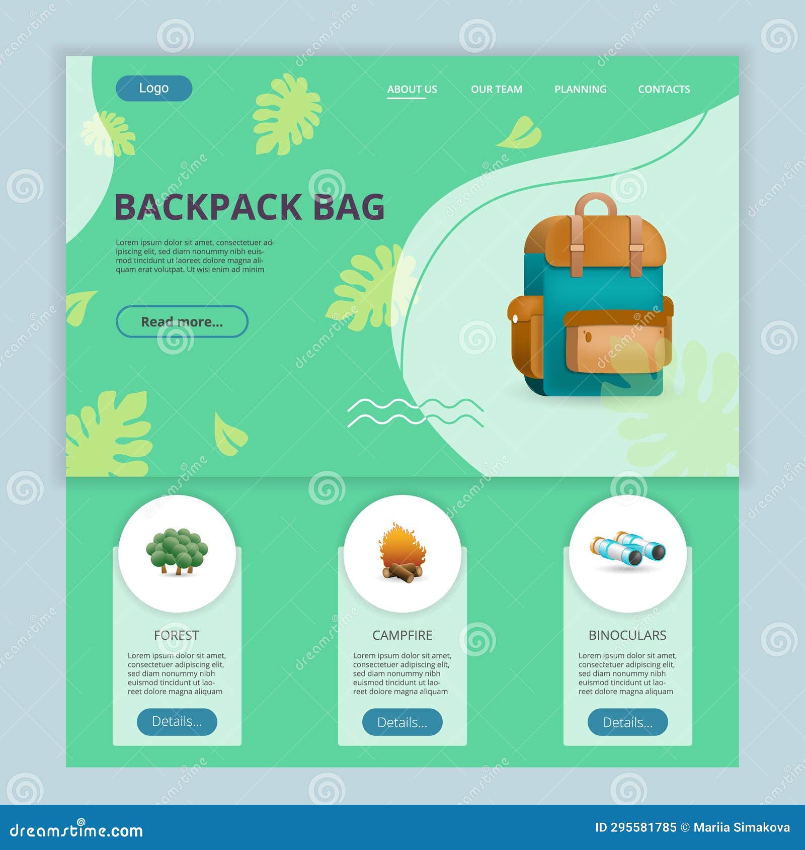 Backpack Bag Flat Landing Page Website Template. Forest, Campfire ...