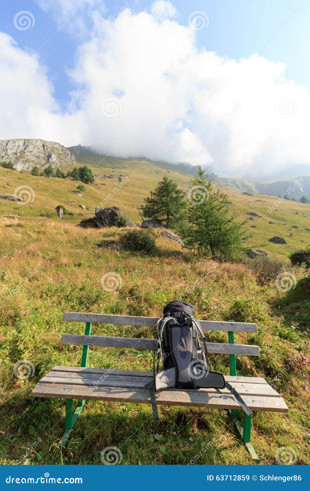 Backpack on Bench and Mountain in the Alps, Austria Stock Image - Image ...