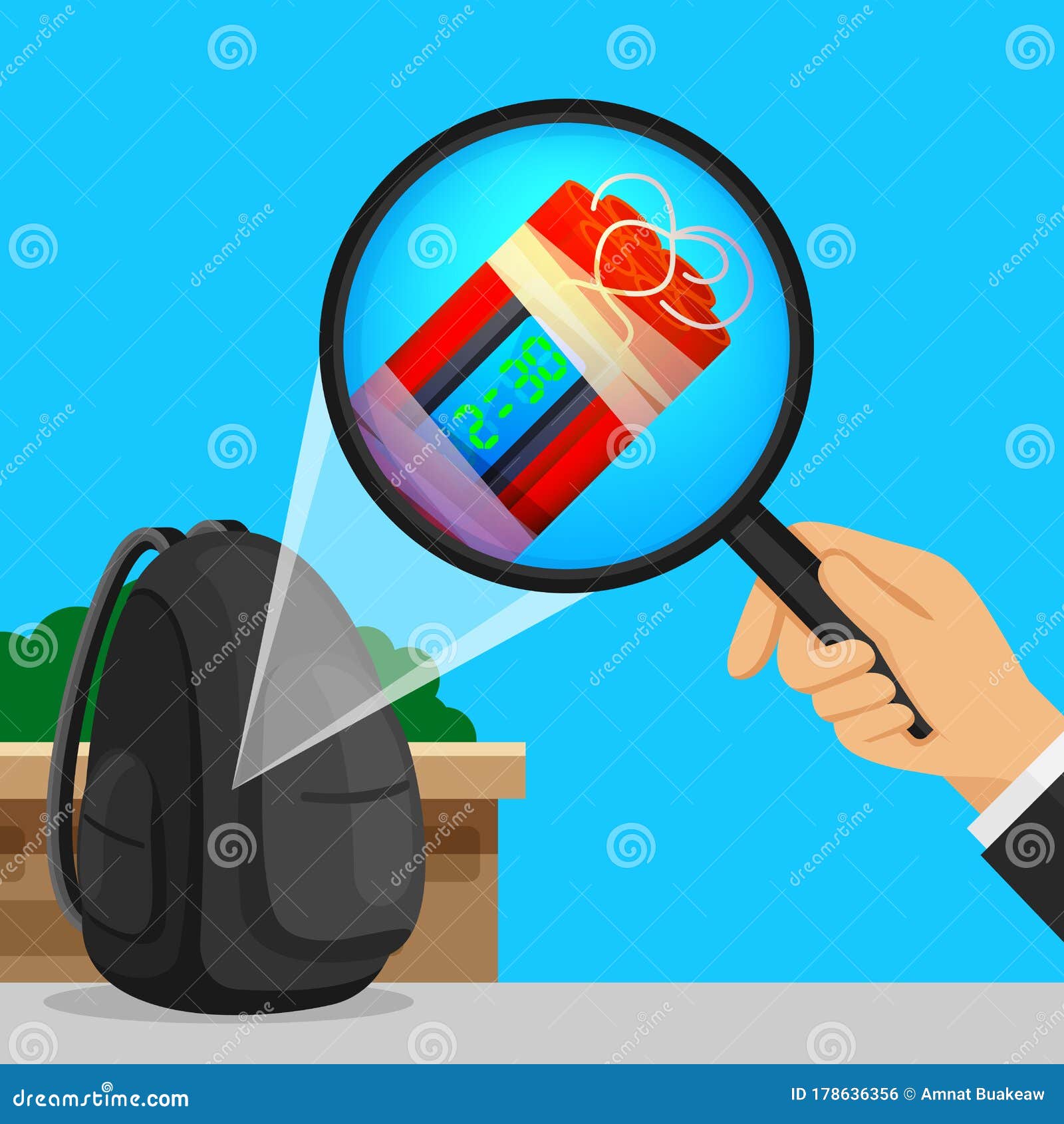 Backpack and Blast Bomb of Terrorist in the Magnifying Glass, Black ...