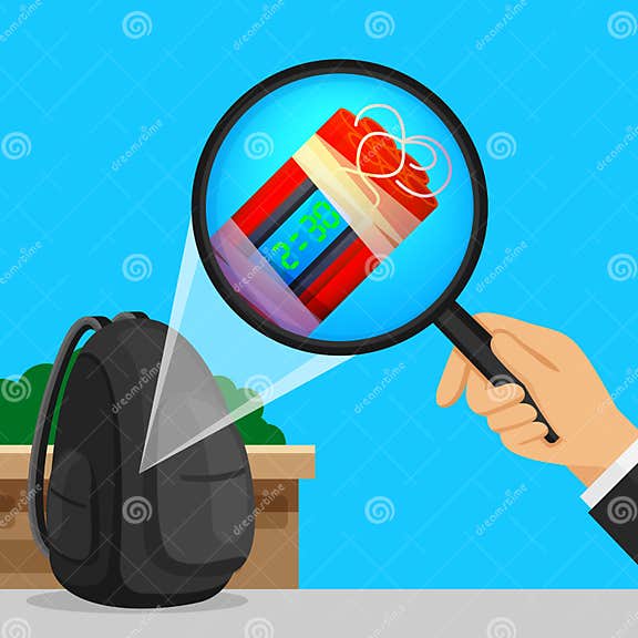 Backpack and Blast Bomb of Terrorist in the Magnifying Glass, Black ...