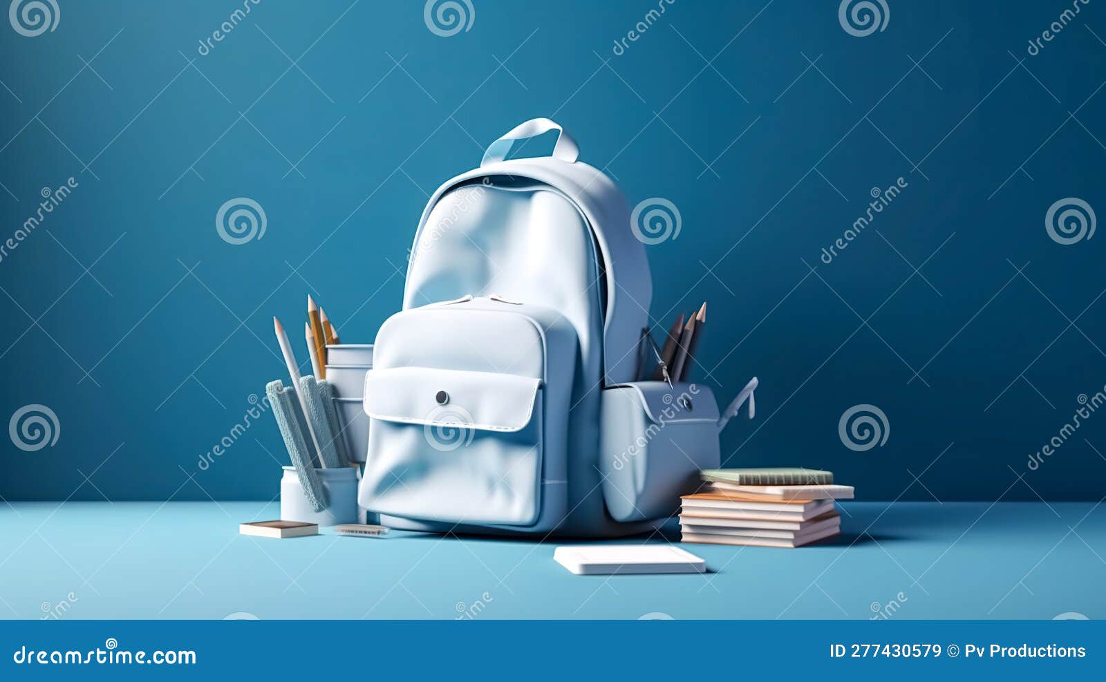 Backpack, Books and Pencils on a Blue Background, Generative AI. Stock ...