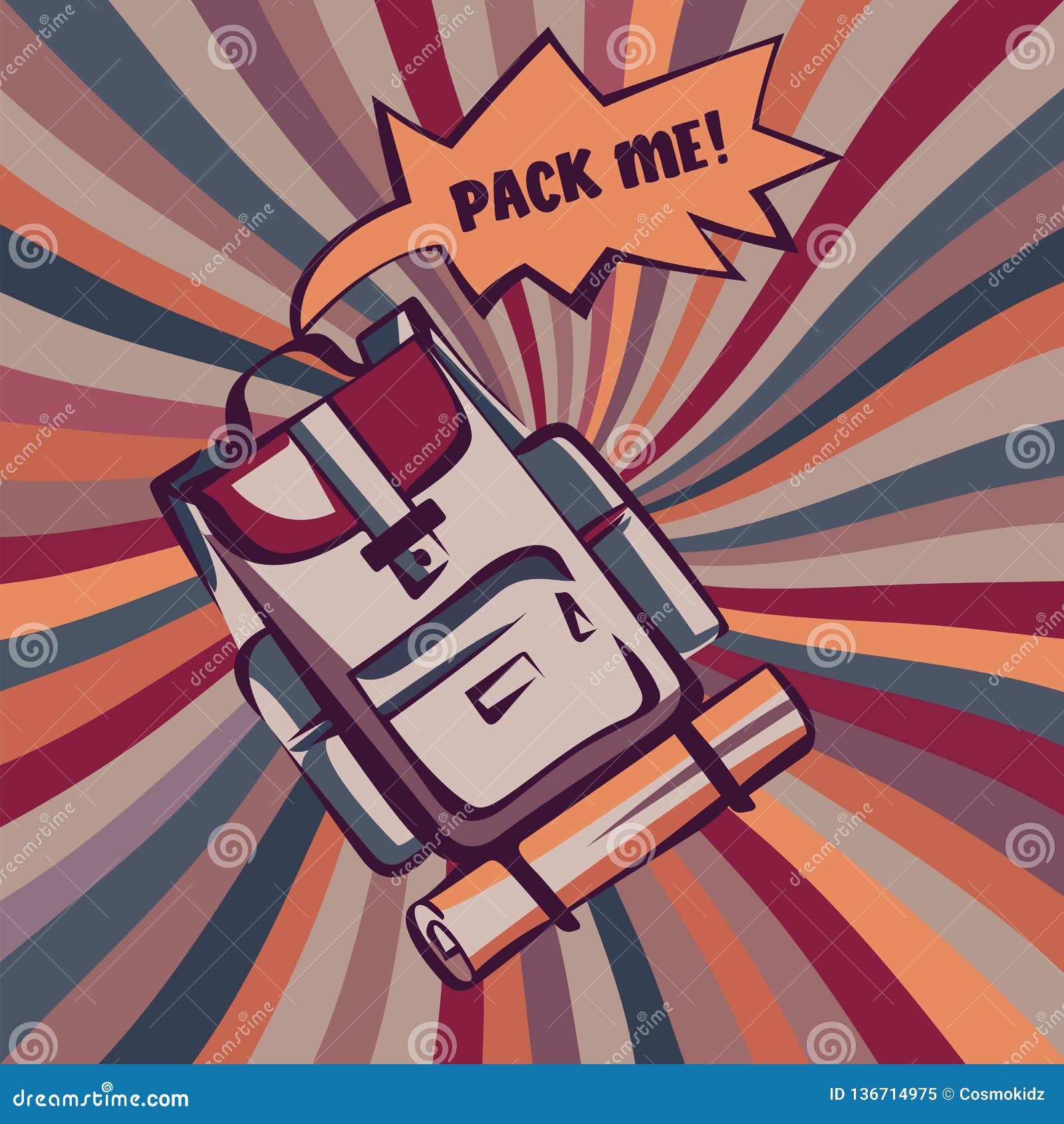 Backpack with Comic Speech Explosion and Vintage Colorful Rays in Pop ...