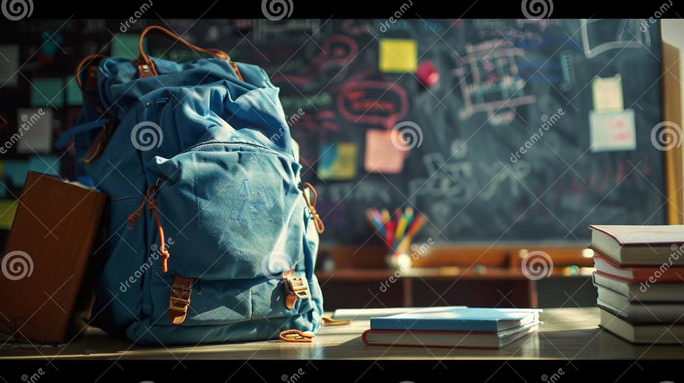 Backpack on a Desk in a Classroom with Books and Blackboard, Generative ...
