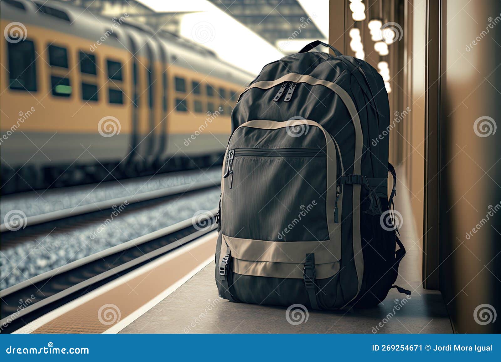 Backpack on Train Station Terminal Background with Copy Space ...