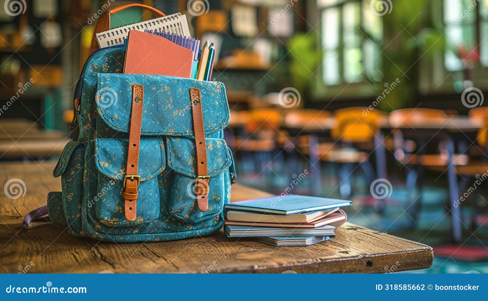 Backpack Filled with Books and School Supplies is on the Desk in an ...