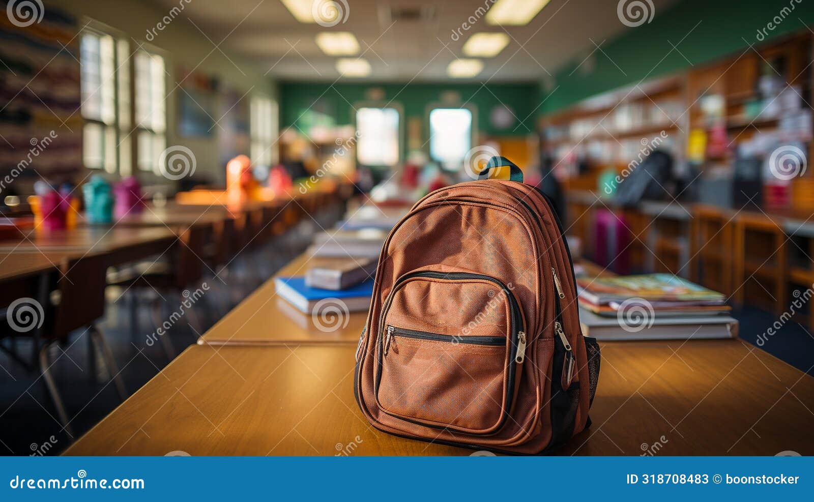 Backpack Filled with Books and School Supplies is on the Desk in an ...