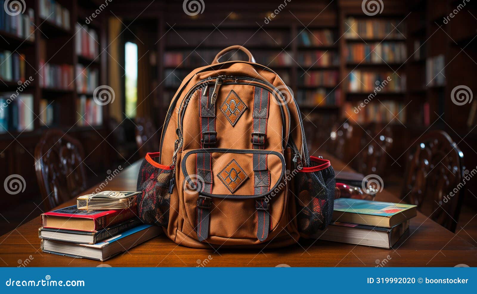 Backpack Filled with Books and School Supplies is on the Desk in an ...