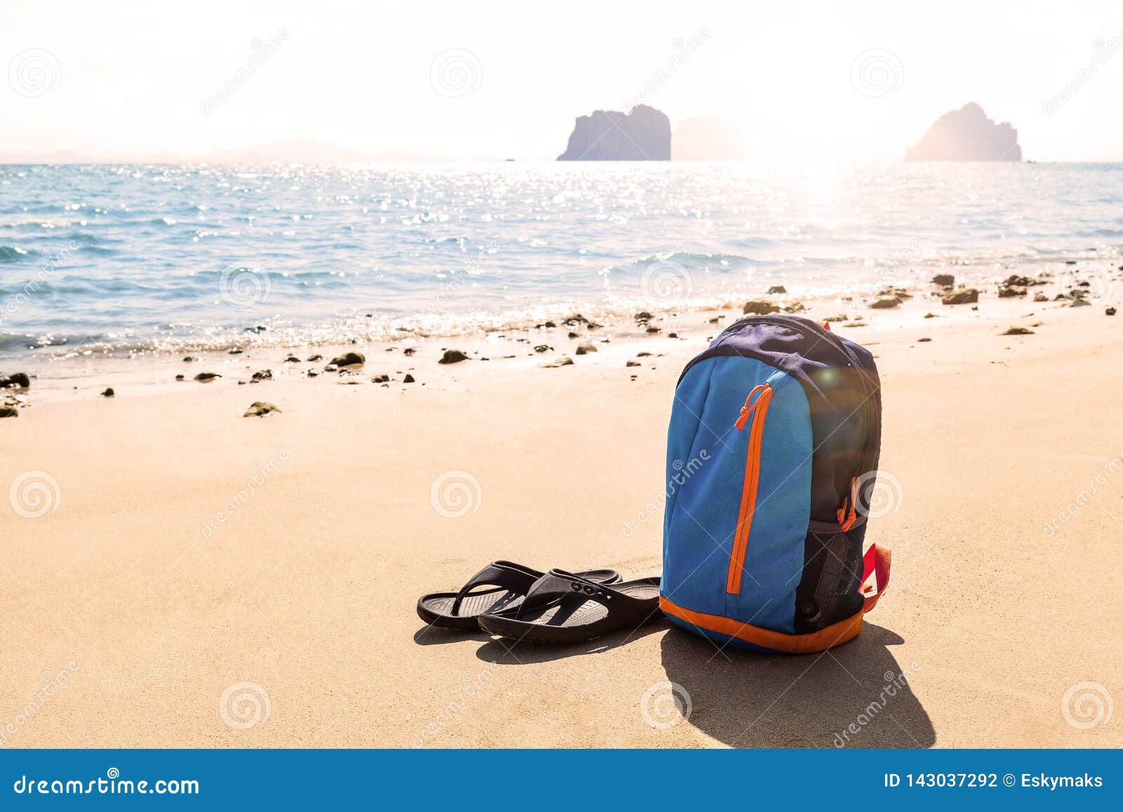 Backpack with Flip-flops on Beautiful Sandy Beach Stock Photo - Image ...
