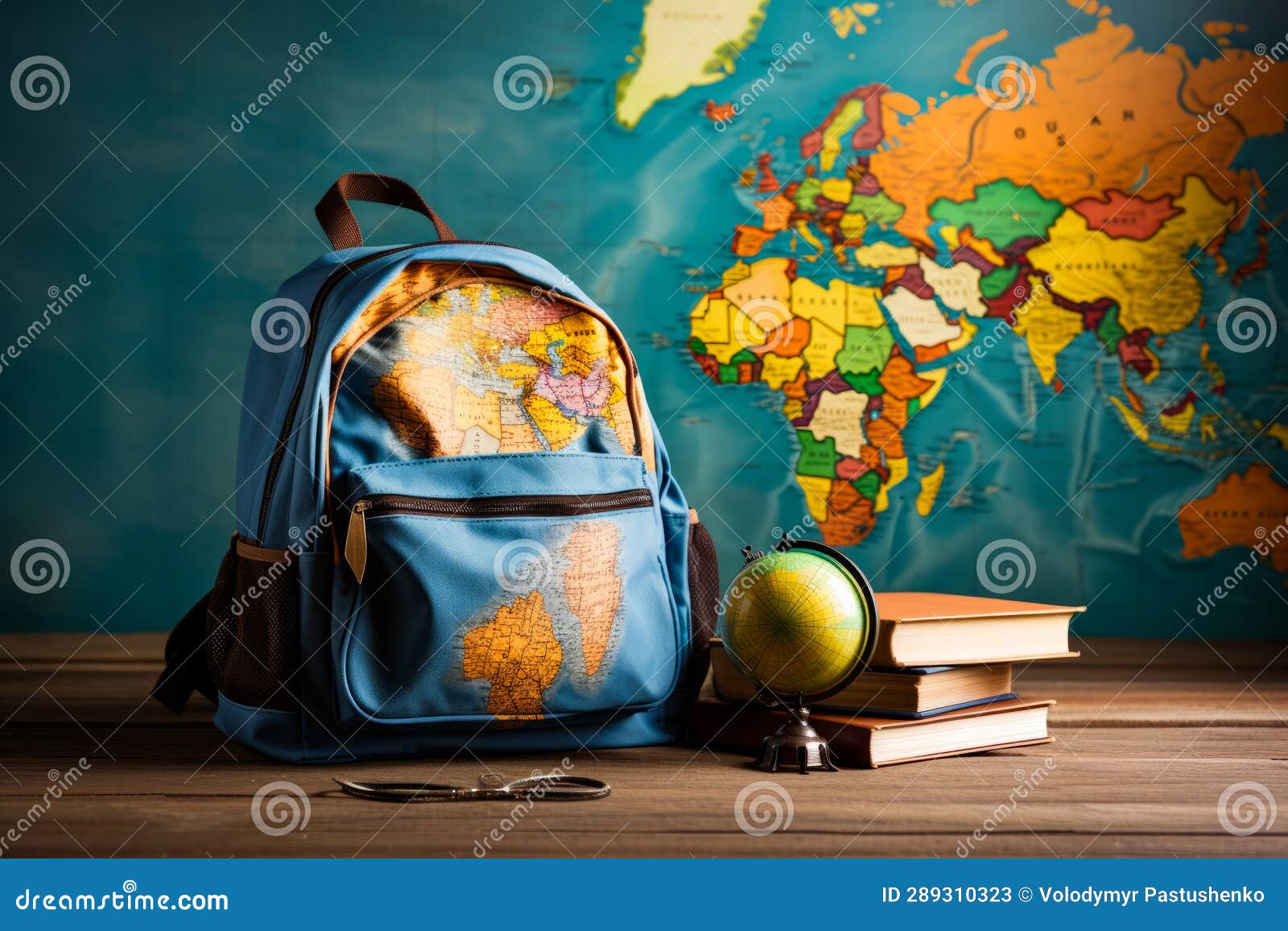 Backpack and Globe on Table with Pair of Scissors. Generative AI Stock ...