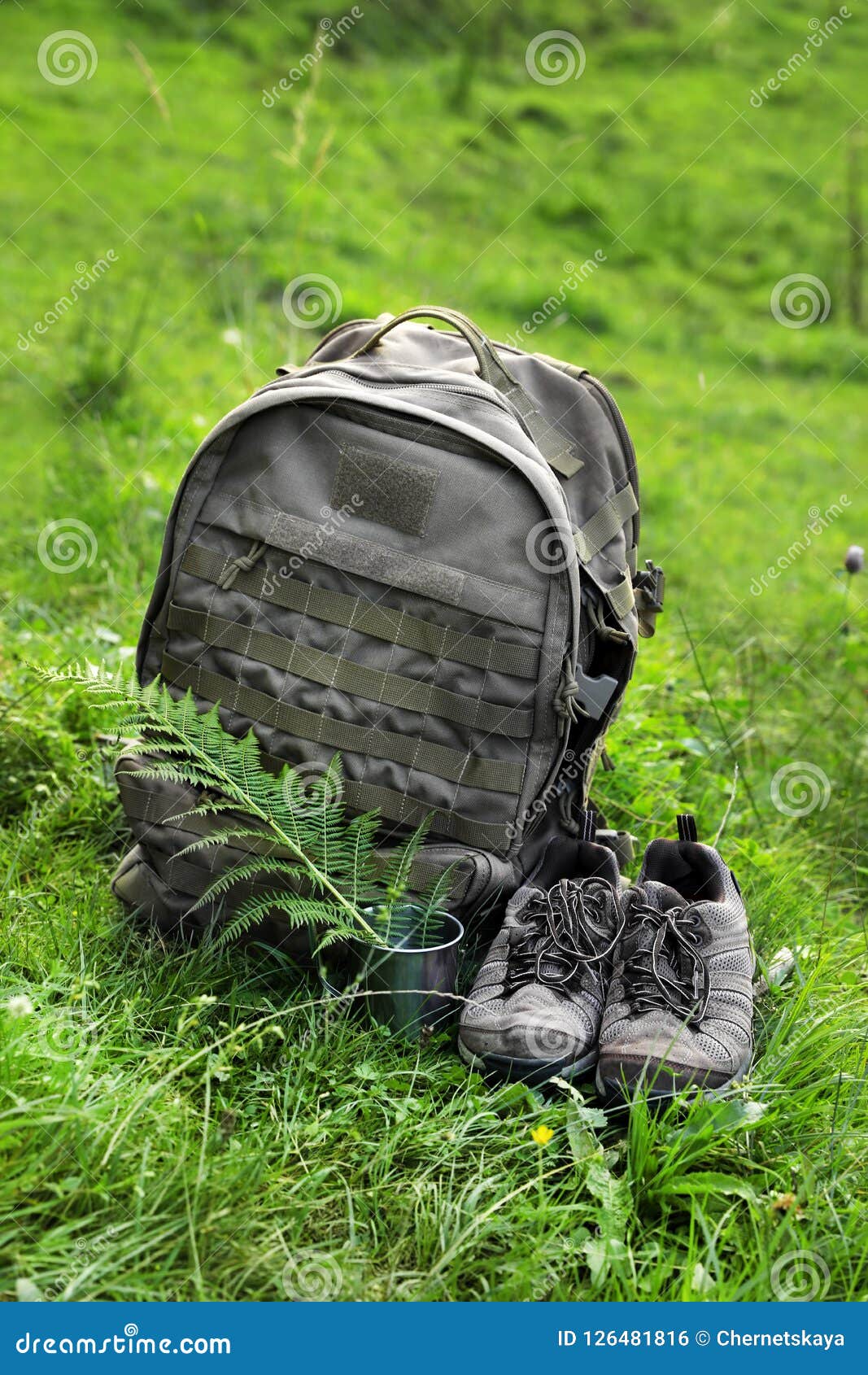 Backpack and Hiking Boots in Green Mountain Valley Stock Photo - Image ...