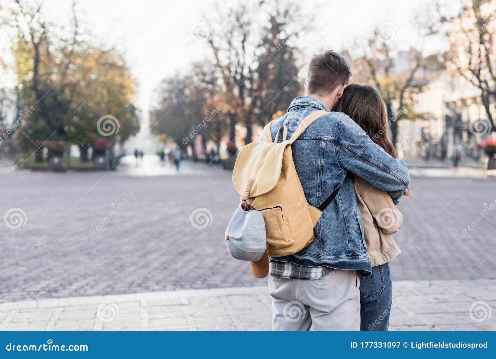 With Backpack Hugging with Girlfriend in Stock Image - Image of embrace ...
