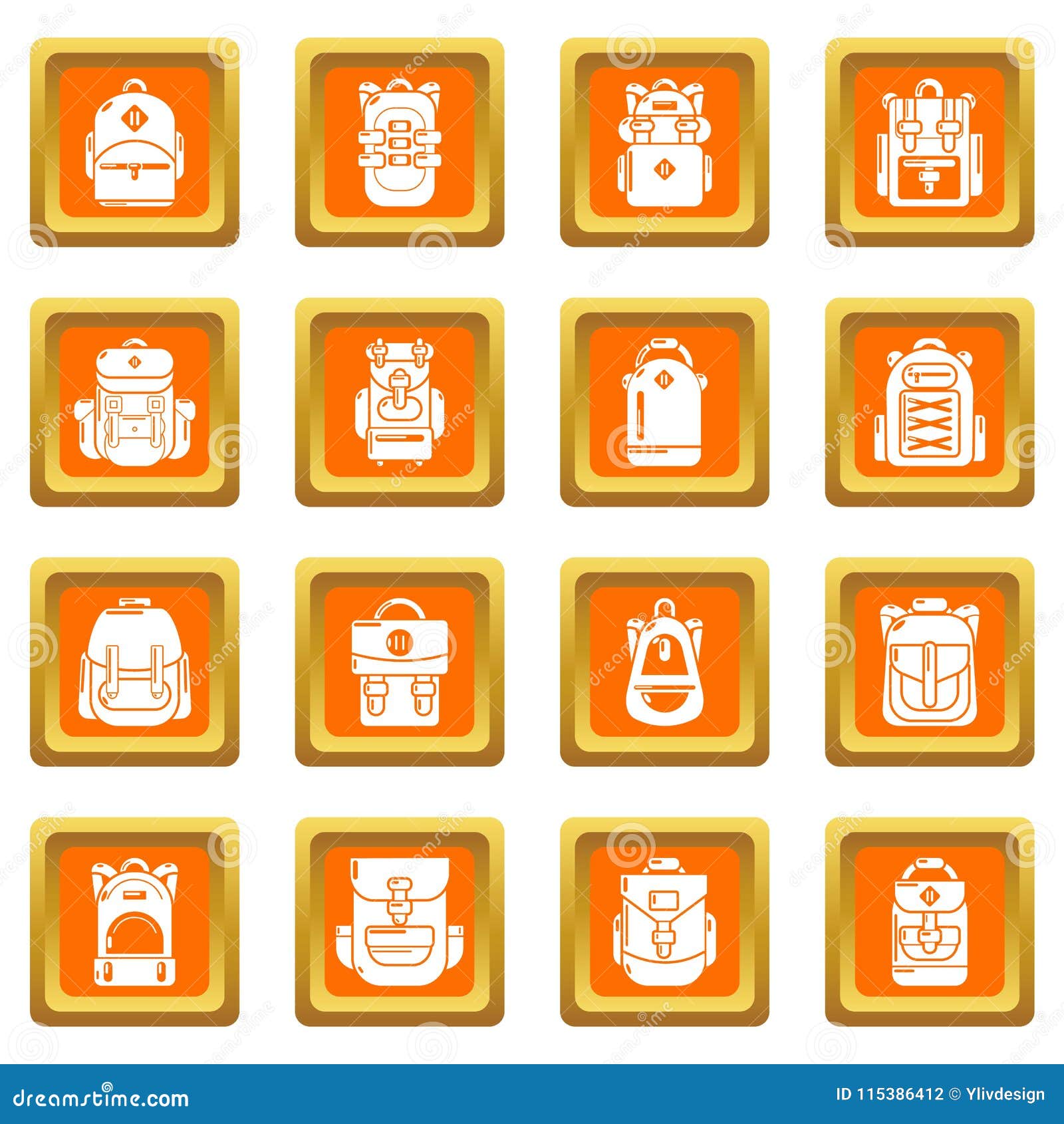 Backpack Icons Set Orange Square Vector Stock Vector - Illustration of ...