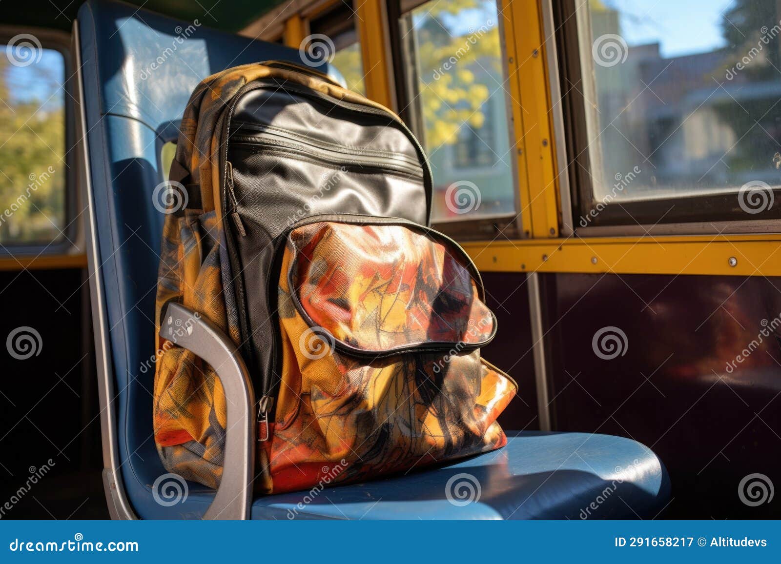 Backpack and Lunchbox on School Bus Seat Stock Image - Image of vehicle ...